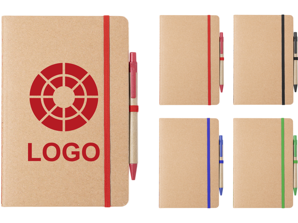 Libreta ecológica de cartón reciclado con boli y goma 15 x 21 cm