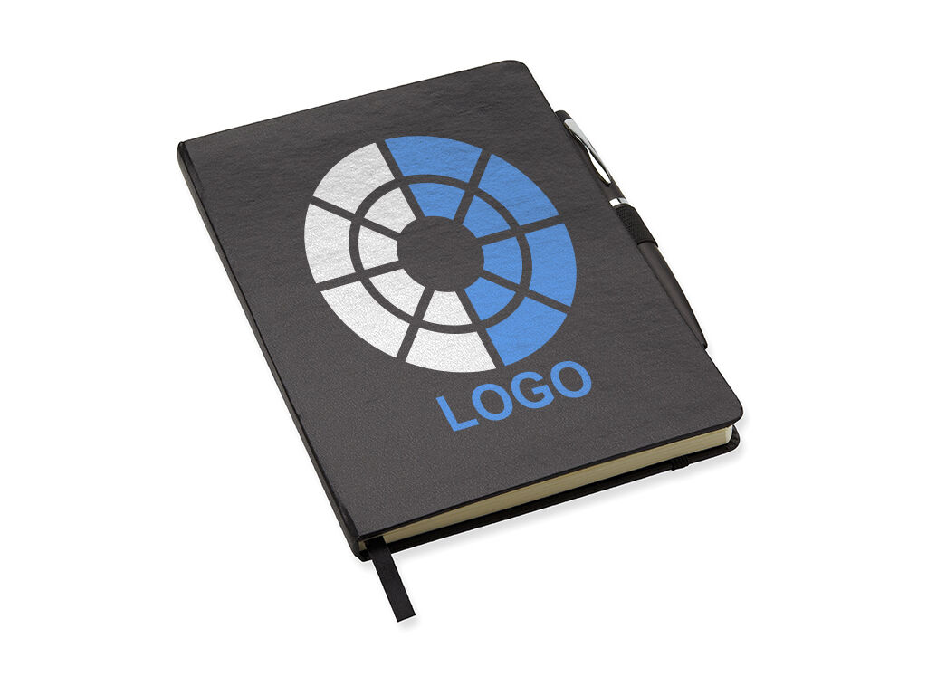 Libreta con logo, tapa rígida y banda elástica 21 x 14,5 cm